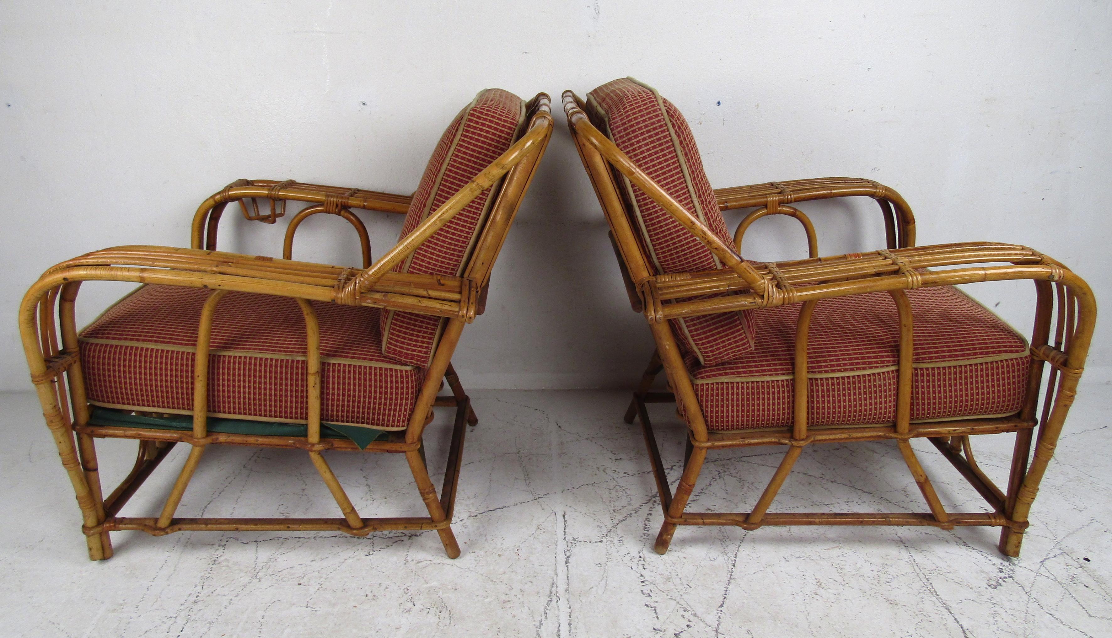 Pair of Mid-Century Modern Rattan Woven Lounge Chairs at 1stDibs