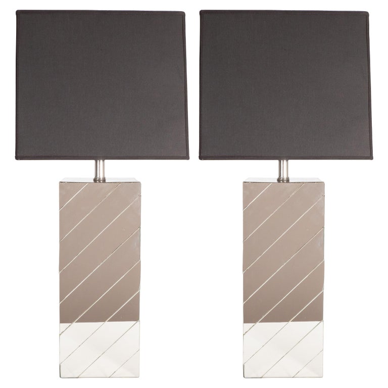 Pair of Mid-Century Modern Rectangular Mirrored Table Lamps with Nickel ...