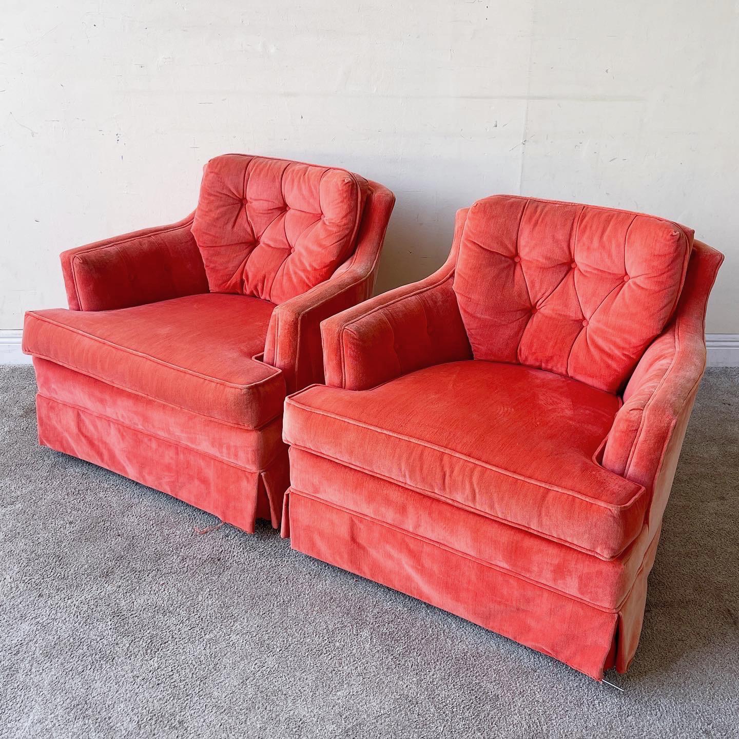 Pair of Mid-Century Modern Red Tufted Fabric Swivel Chairs For Sale at ...