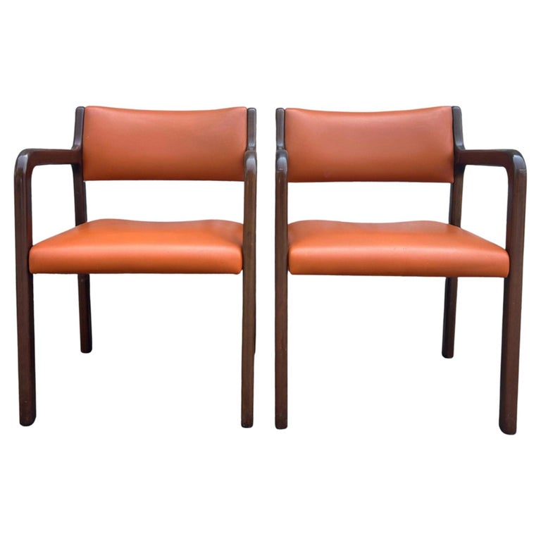 Pair of Mid-Century Modern Rounded Walnut Arm Chairs with Orange ...