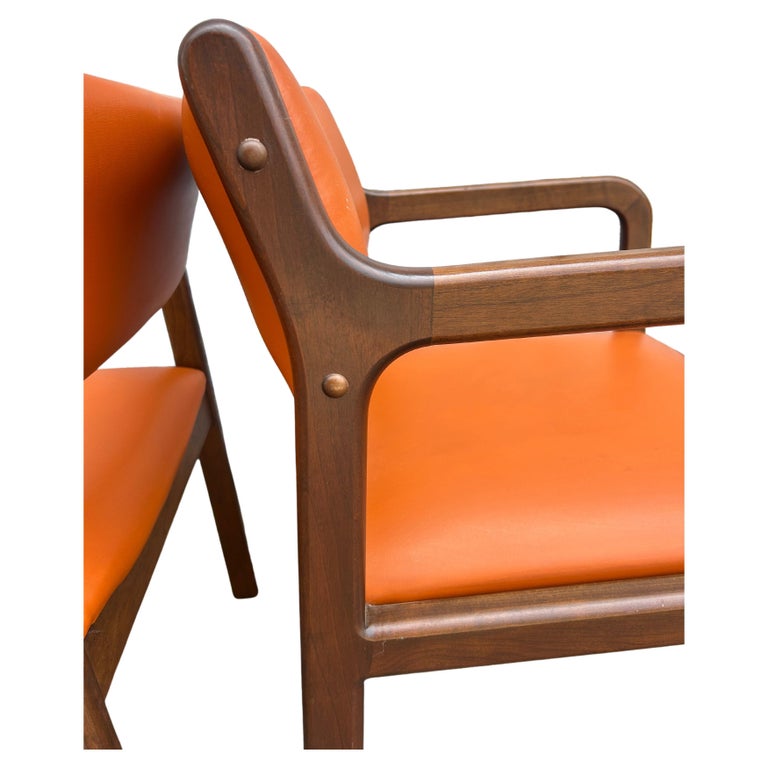 Pair of Mid-Century Modern Rounded Walnut Arm Chairs with Orange ...