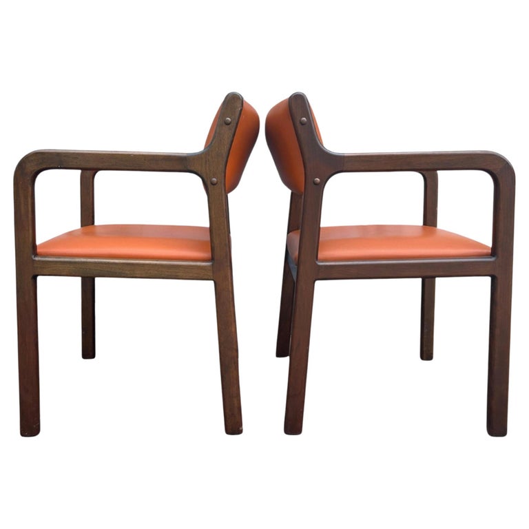 Pair of Mid-Century Modern Rounded Walnut Arm Chairs with Orange ...