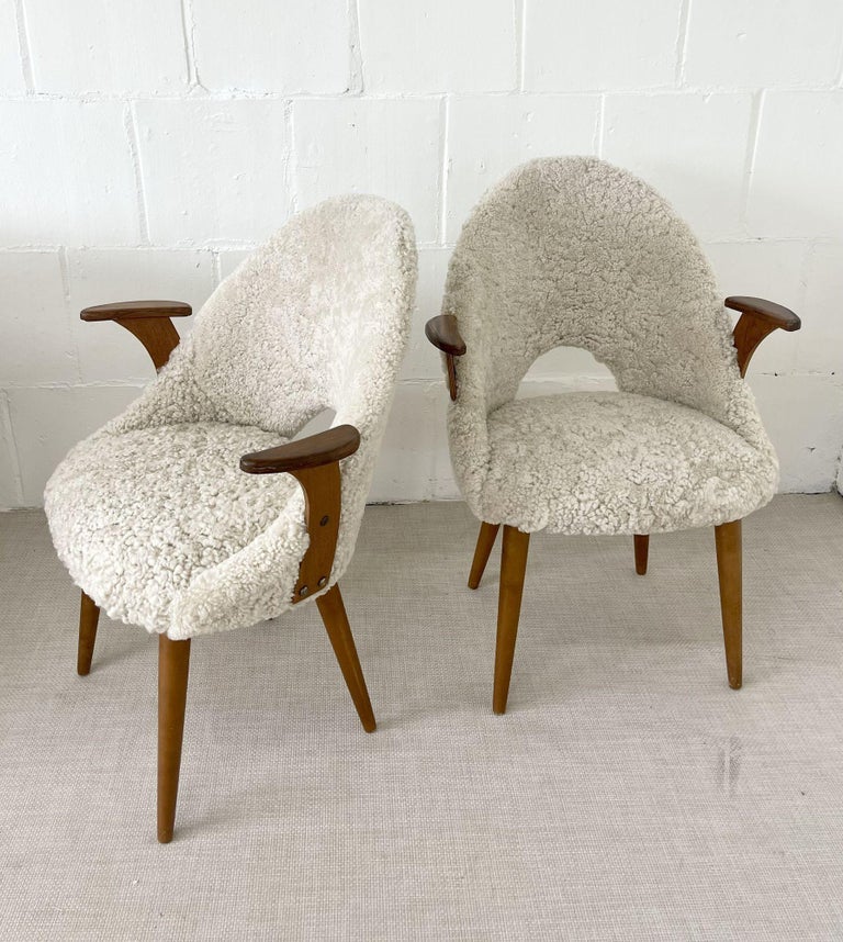 Pair of Mid-Century Modern Scandinavian Arm Chairs, Genuine Sheepskin ...