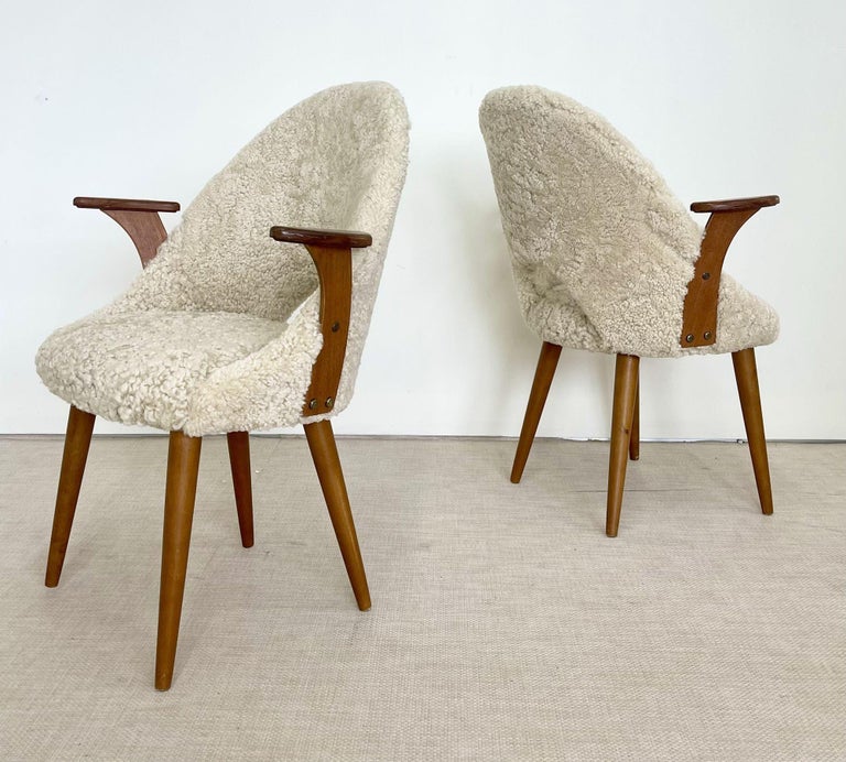 Pair of Mid-Century Modern Scandinavian Arm Chairs, Genuine Sheepskin ...