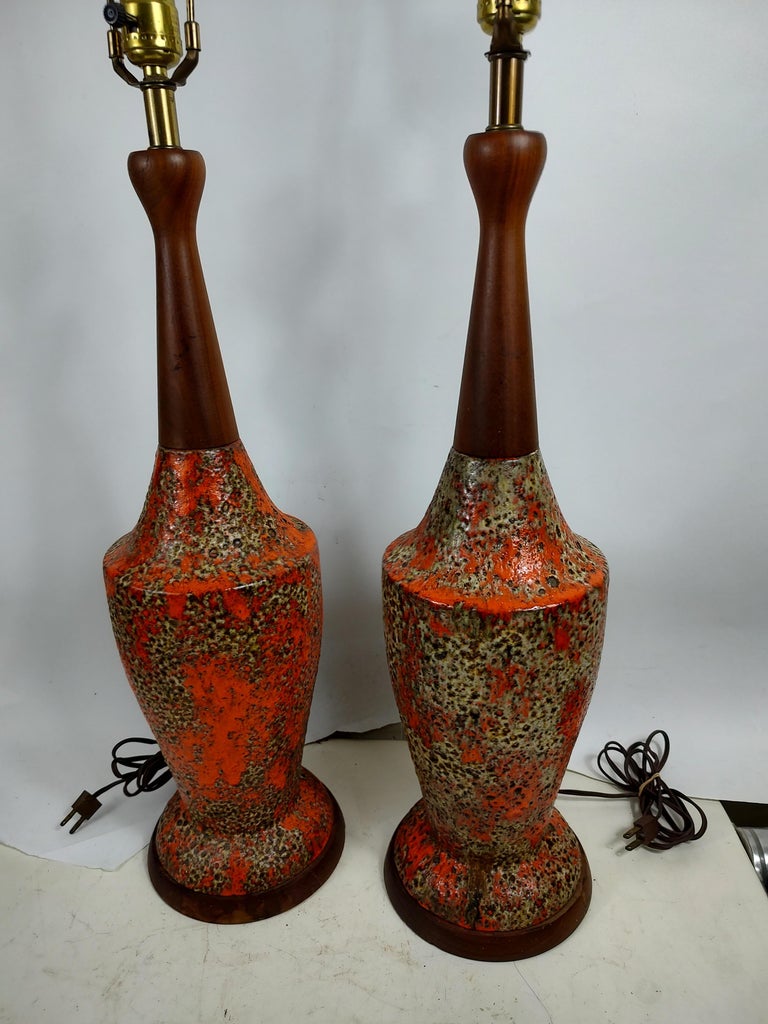 Pair of Mid-Century Modern Sculptural Walnut and Volcanic Lava Pottery ...