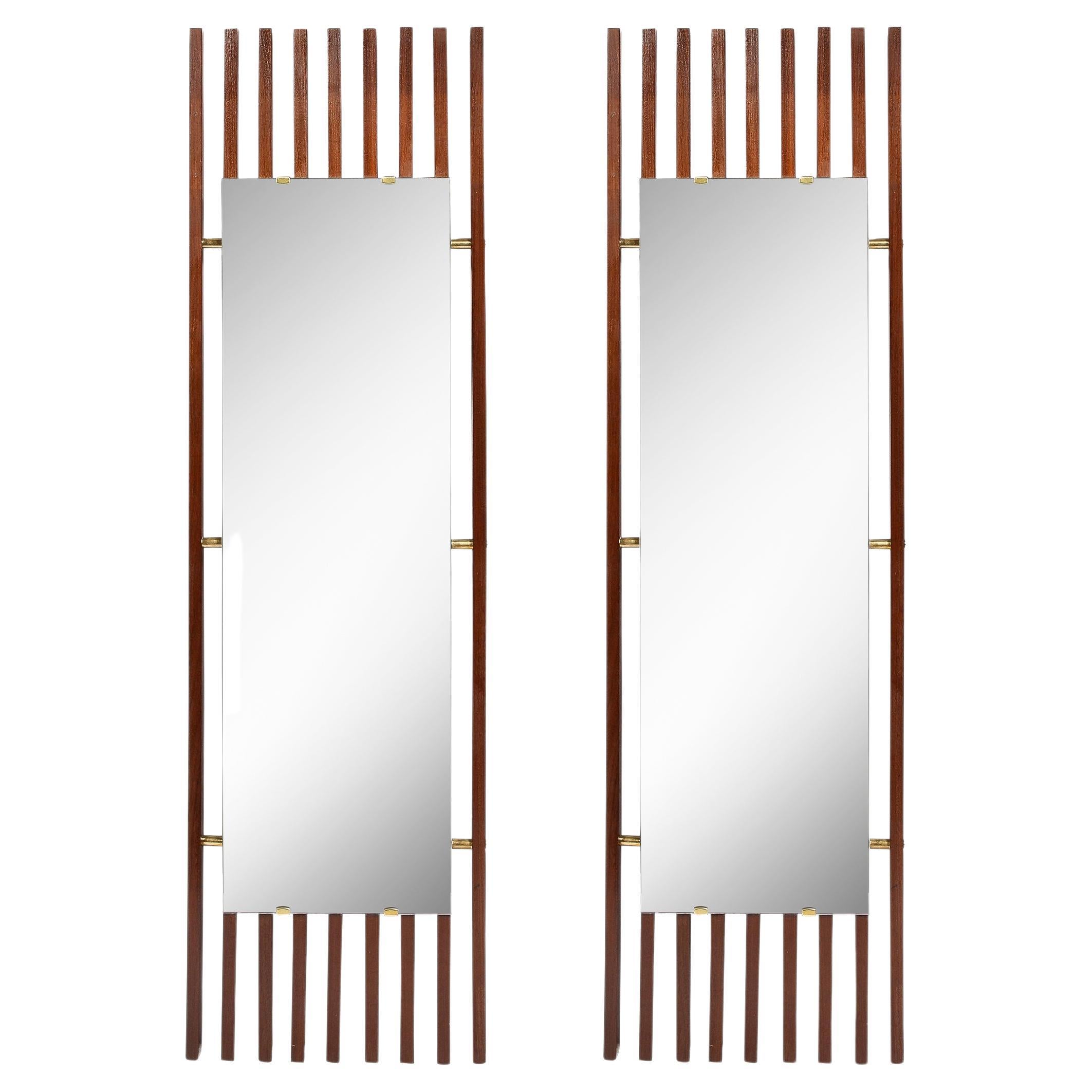 Mid-Century Modern Slatted Walnut Mirror Joined W/ Brushed Brass For ...