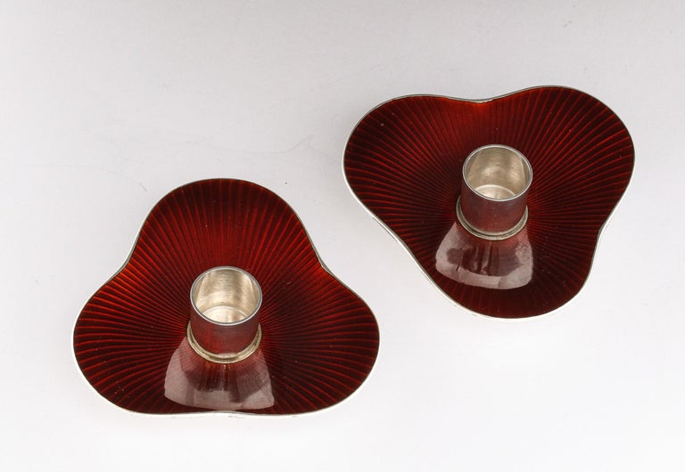 Pair of Mid-Century Modern Sterling Silver and Bright Red Enamel ...