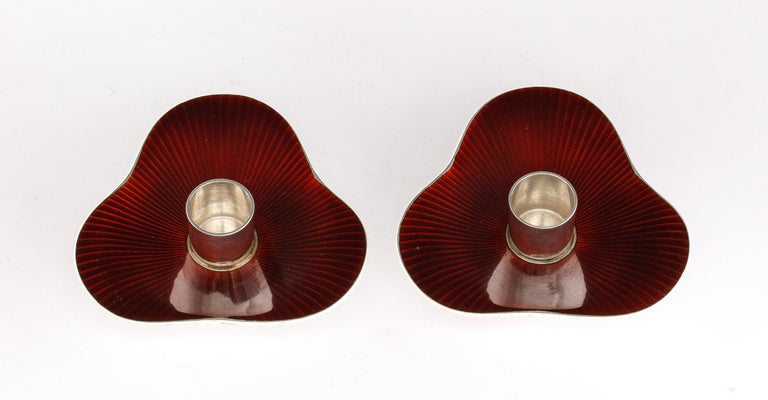 Pair of Mid-Century Modern Sterling Silver and Bright Red Enamel ...