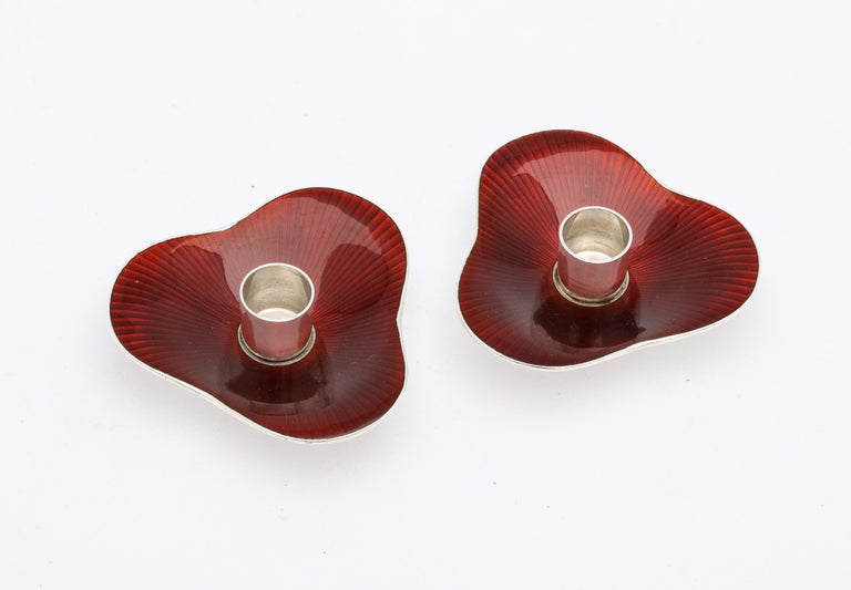 Pair of Mid-Century Modern Sterling Silver and Bright Red Enamel ...