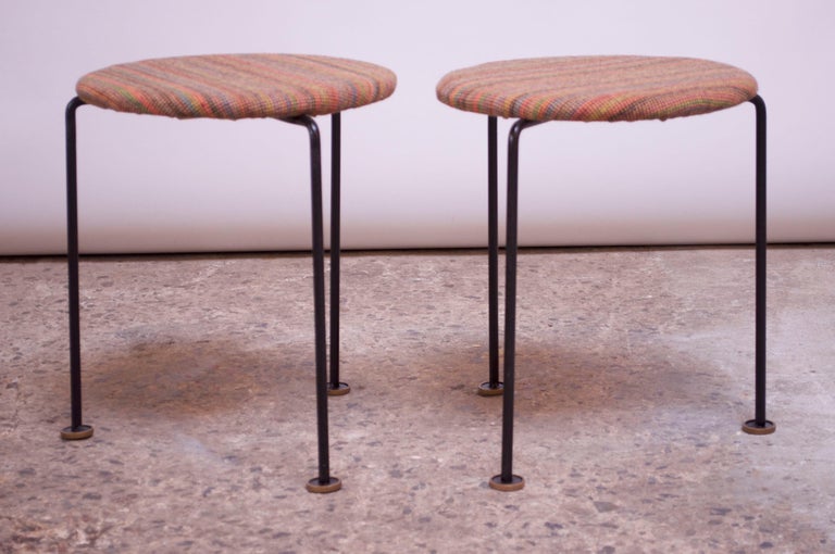 Pair of Mid-Century Modern Three-Legged Wrought Iron Low Stools at 1stDibs
