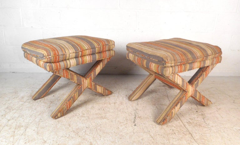 Pair of Mid-Century Modern Upholstered X-Base Ottomans at 1stDibs