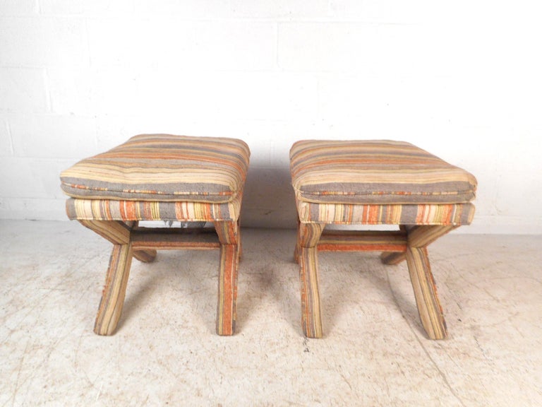 Pair of Mid-Century Modern Upholstered X-Base Ottomans at 1stDibs