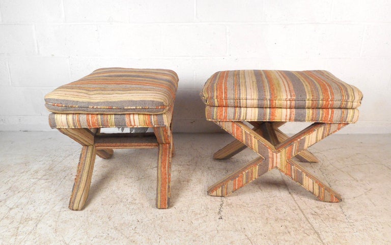 Pair of Mid-Century Modern Upholstered X-Base Ottomans at 1stDibs