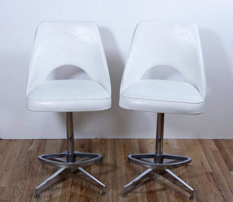 Pair of Mid-Century Modern White Vinyl Stool Chairs w/ Footrest Nickel ...