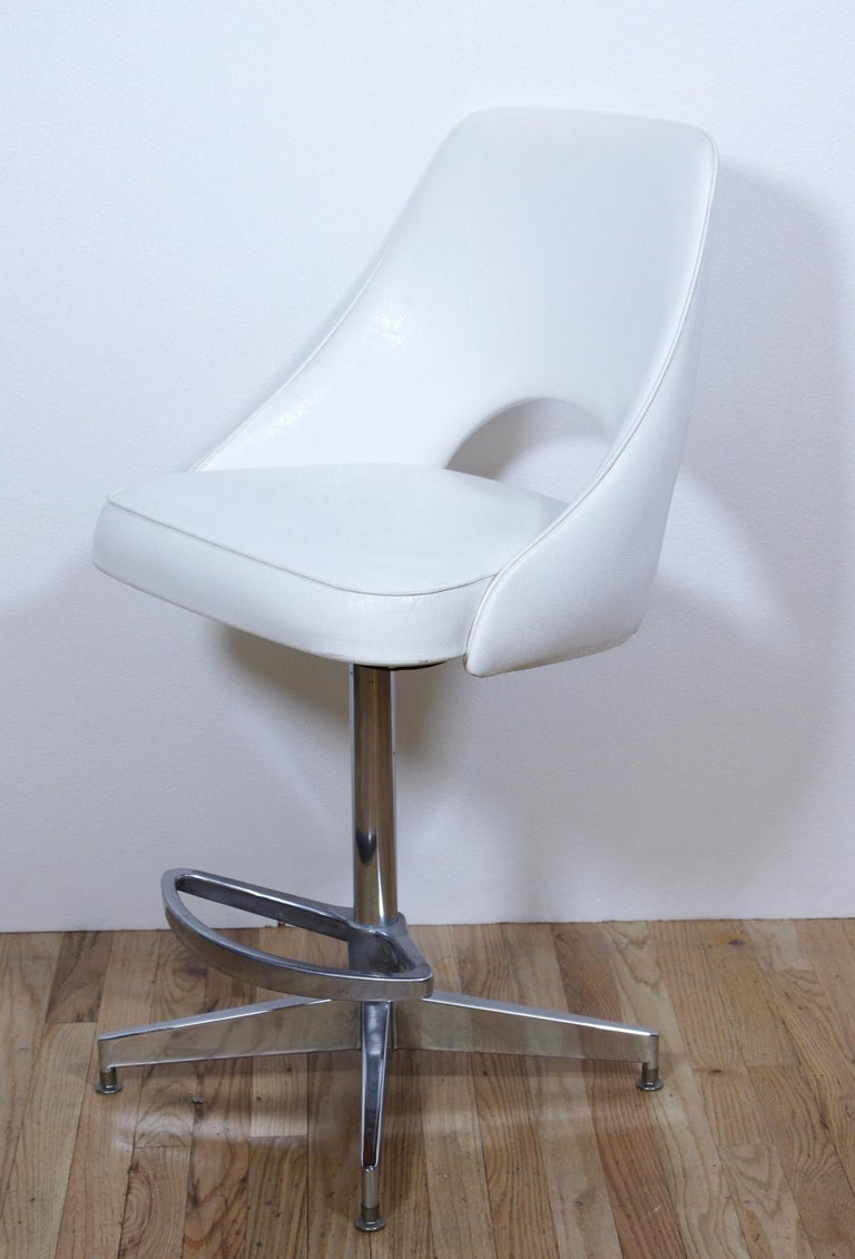 Pair of Mid-Century Modern White Vinyl Stool Chairs w/ Footrest Nickel ...