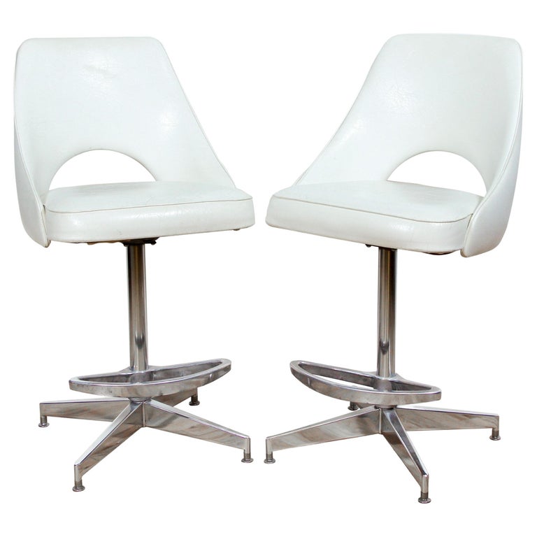 Pair of Mid-Century Modern White Vinyl Stool Chairs w/ Footrest Nickel ...