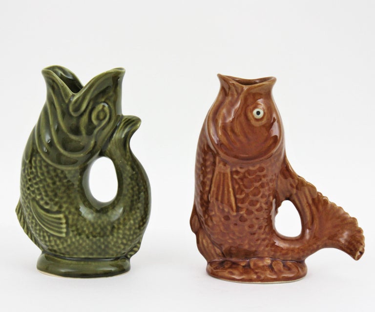 Pair of Mid-Century Modern Glazed Ceramic Gurgle Fish Jugs / Pitchers ...