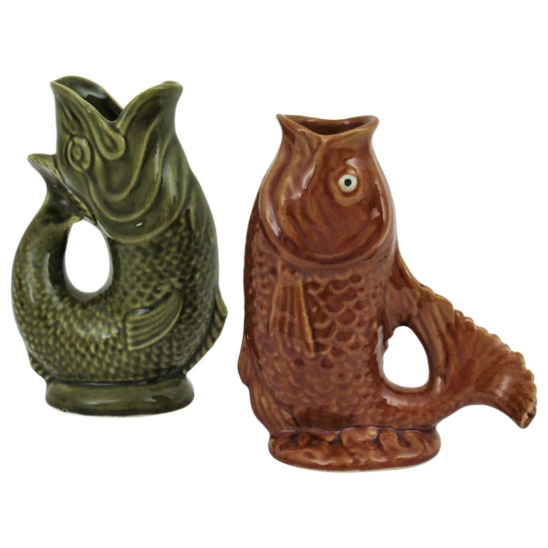 Pair of Mid-Century Modern Glazed Ceramic Gurgle Fish Jugs / Pitchers ...