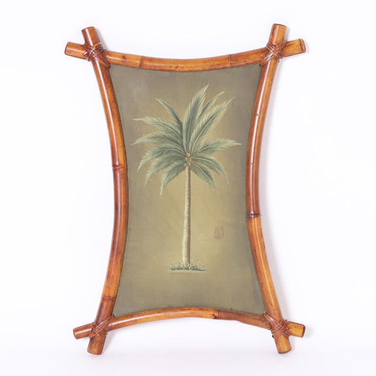 Pair of Midcentury Palm Tree Paintings in Bamboo Frames For Sale at 1stDibs
