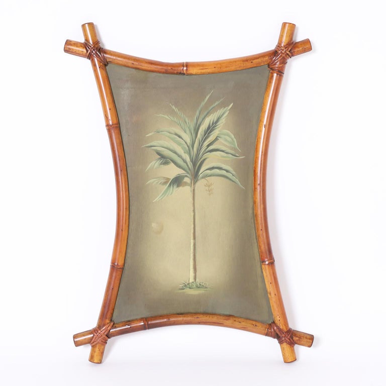 Pair of Midcentury Palm Tree Paintings in Bamboo Frames For Sale at 1stDibs