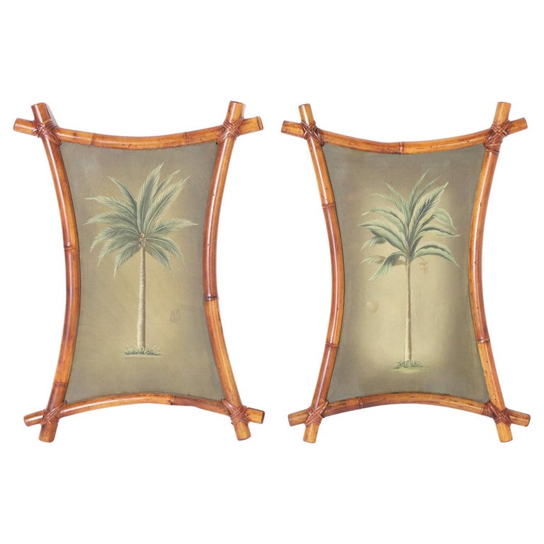 Pair of Midcentury Palm Tree Paintings in Bamboo Frames For Sale at 1stDibs