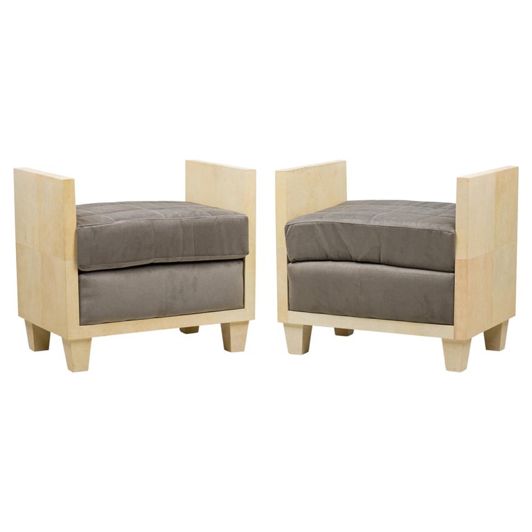 Pair of Mid-Century Parchment Covered Upholstered Benches Style of ...