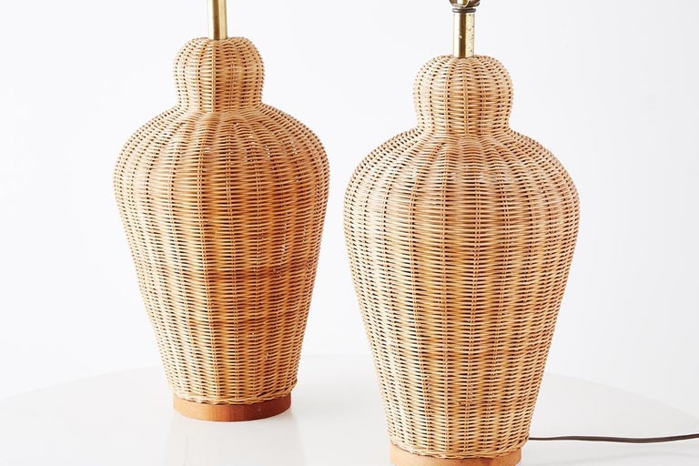 Pair of Midcentury Rattan Basket Lamps at 1stDibs