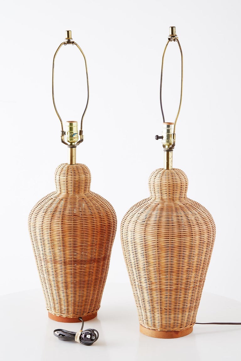 Pair of Midcentury Rattan Basket Lamps at 1stDibs