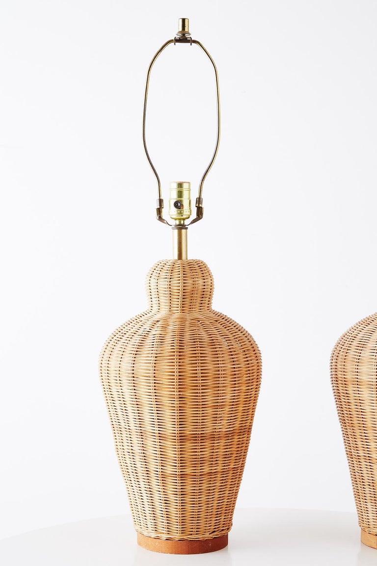 Pair of Midcentury Rattan Basket Lamps at 1stDibs
