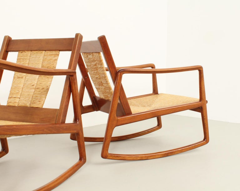 Pair of Mid-Century Rocking Chairs with Woven Straw, Spain, 1960's For ...
