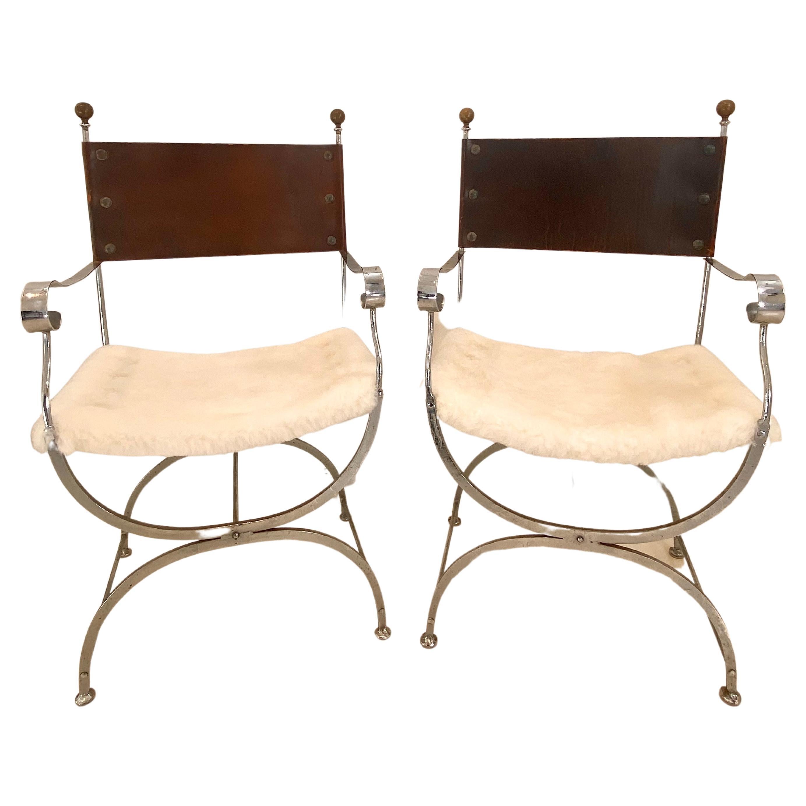 Pair of Mid-Century Savonarola Chairs with Sherpa Seats For Sale at 1stDibs