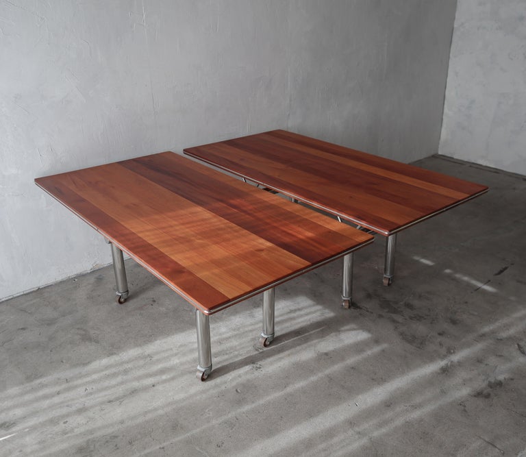 Pair of Mid Century Solid Mahogany and Stainless Tables For Sale at 1stDibs