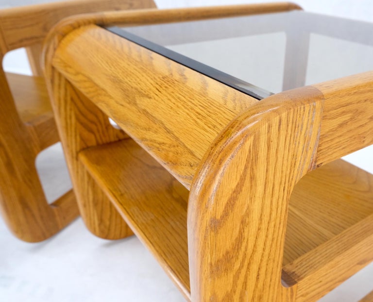 Pair of Mid-Century Solid Oak Smoked Glass Top End Side Tables W ...