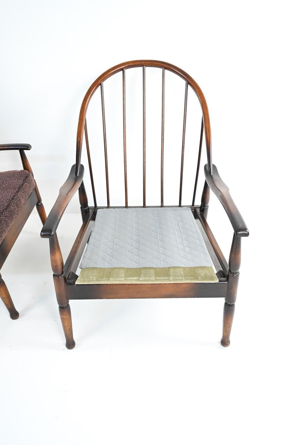 Pair of Mid-Century Spindle-Back Easy Chairs and Ottoman, Manner of ...