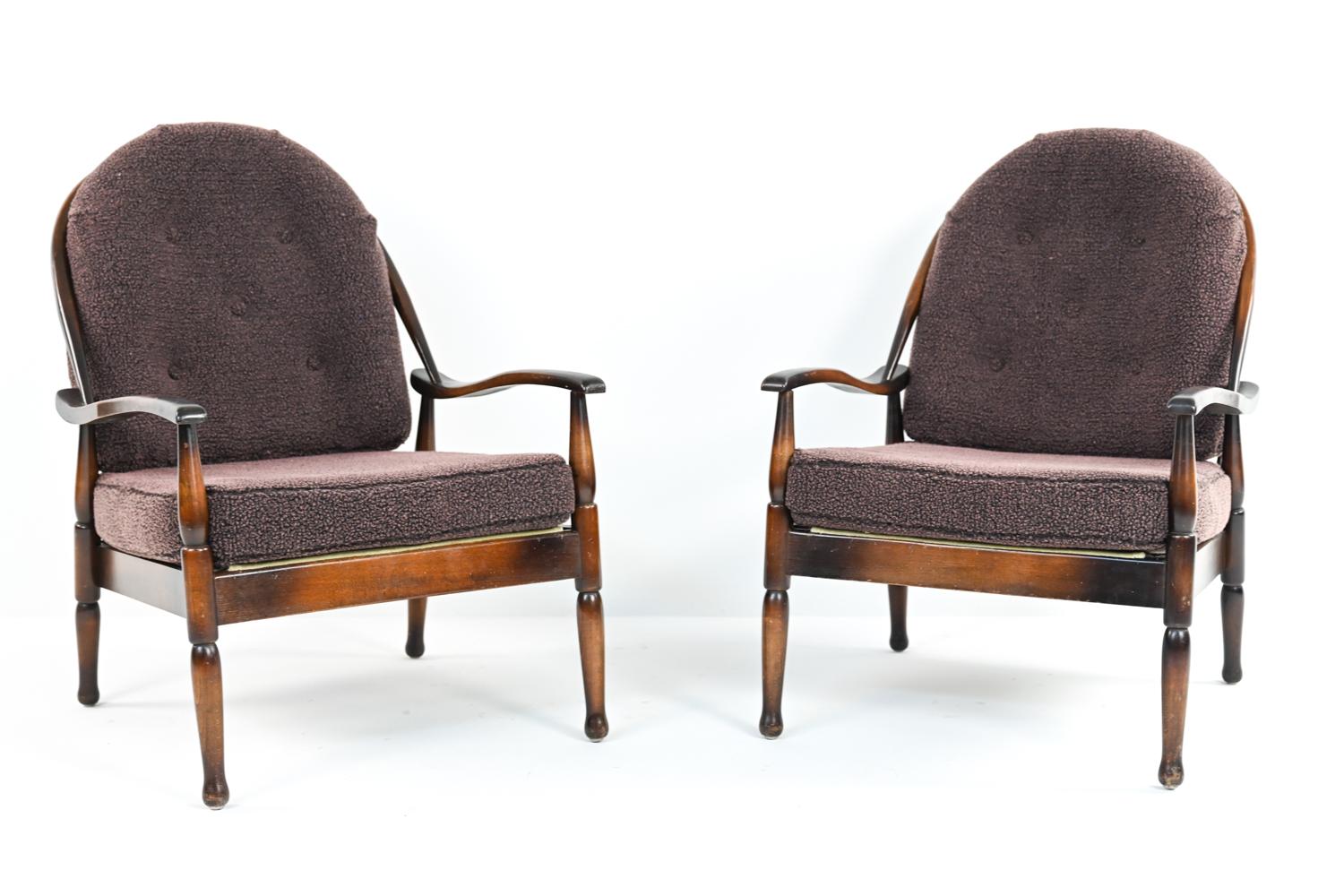 Pair of Mid-Century Spindle-Back Easy Chairs and Ottoman, Manner of ...
