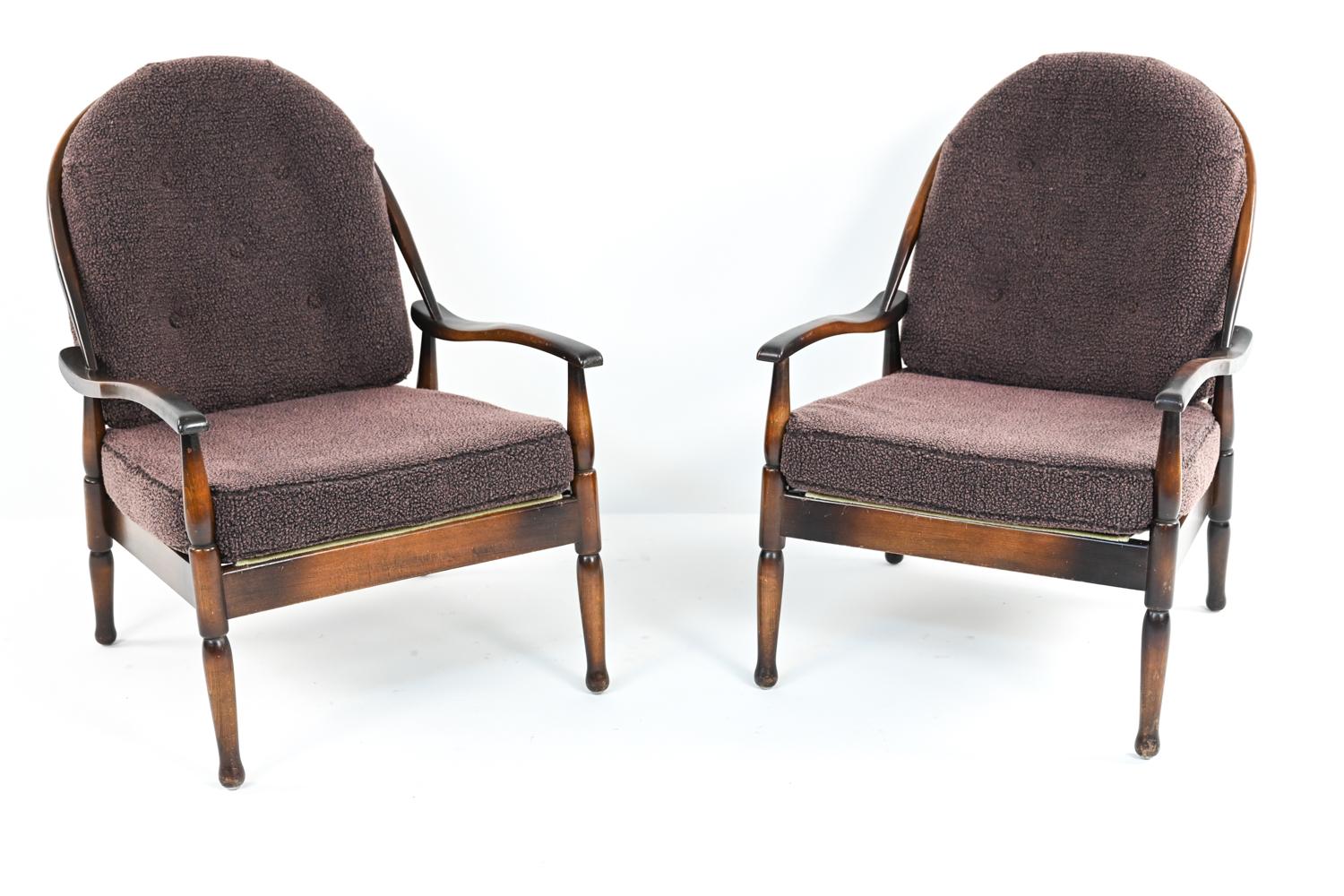 Pair of Mid-Century Spindle-Back Easy Chairs and Ottoman, Manner of ...