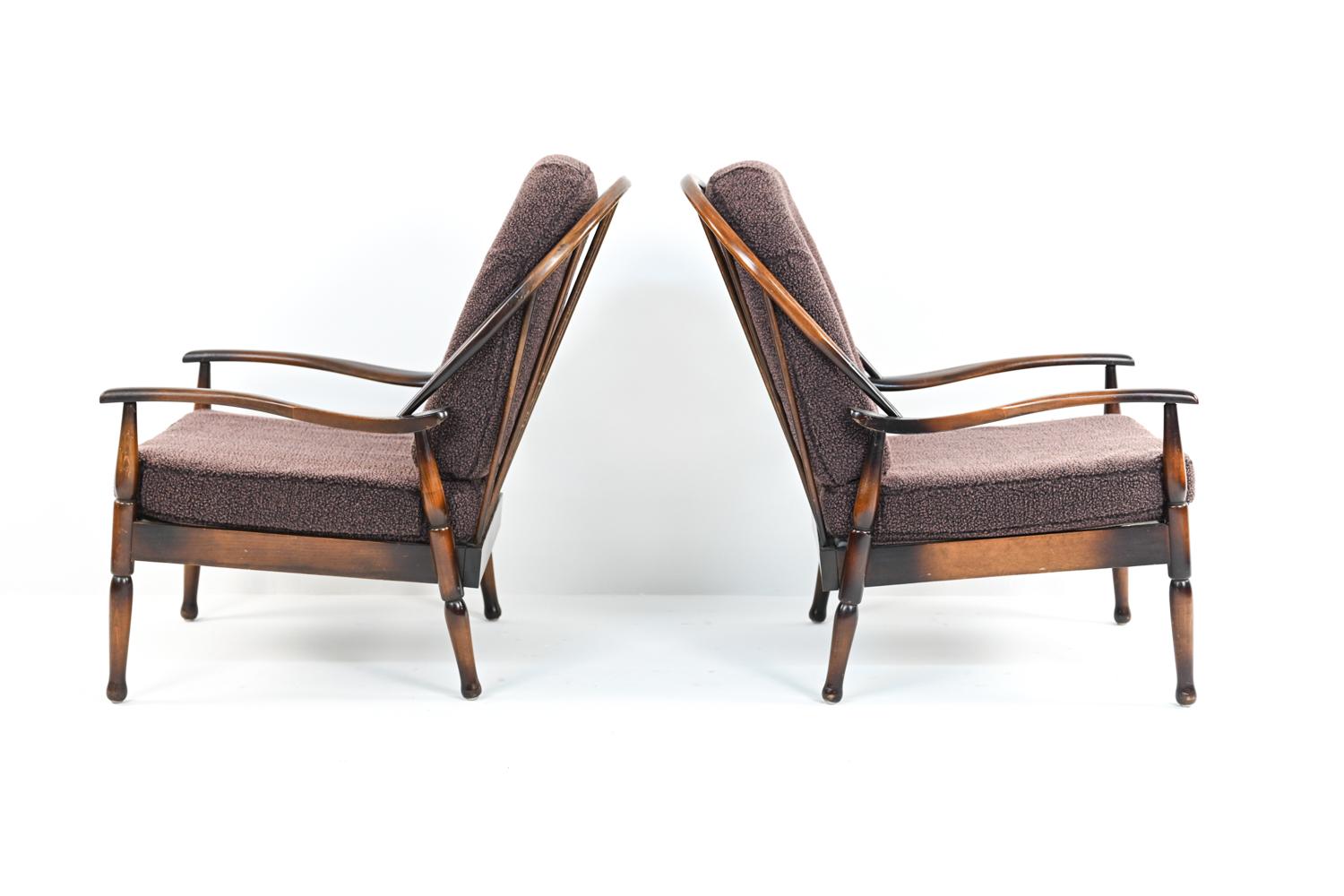 Pair of Mid-Century Spindle-Back Easy Chairs and Ottoman, Manner of ...