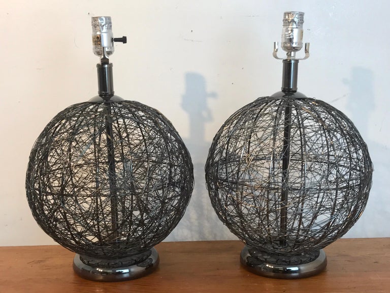 Pair of Midcentury Spun Gun Metal Sphere Lamps For Sale at 1stDibs