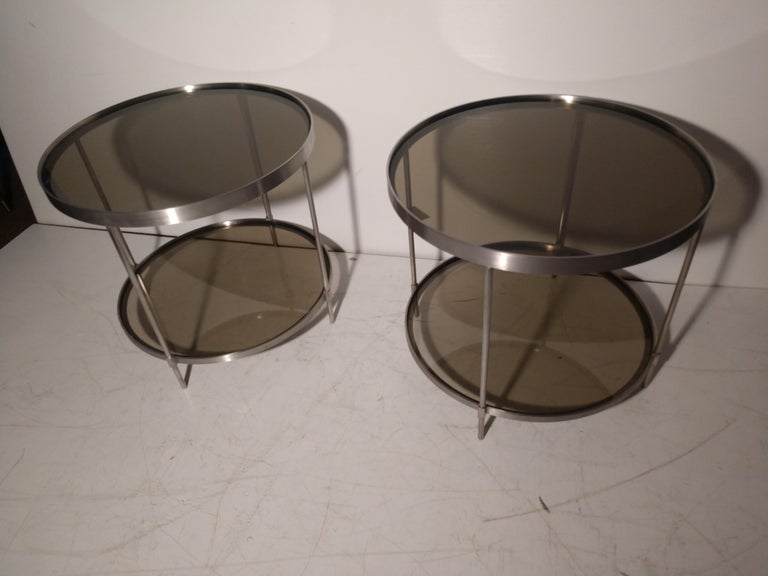 Pair of Mid Century Modern Stainless Steel Round End Tables with Smoked ...