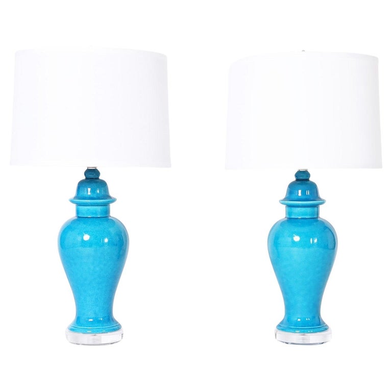 Pair of Mid-Century Style Turquoise Table Lamps For Sale at 1stDibs