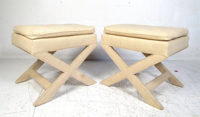 Pair of Midcentury Style X-Base Upholstered Ottomans For Sale at 1stDibs