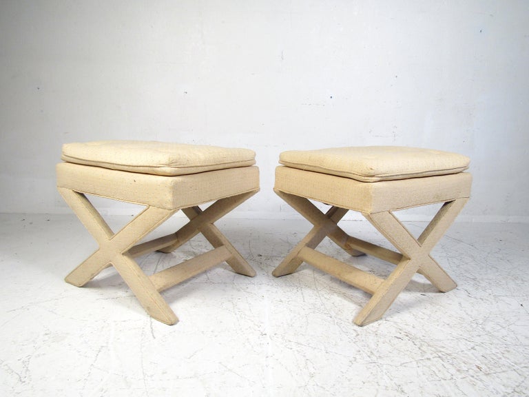 Pair of Midcentury Style X-Base Upholstered Ottomans For Sale at 1stDibs