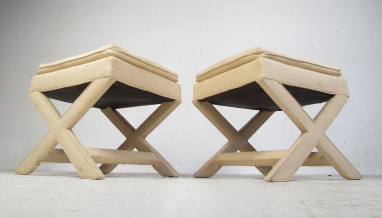 Pair of Midcentury Style X-Base Upholstered Ottomans For Sale at 1stDibs