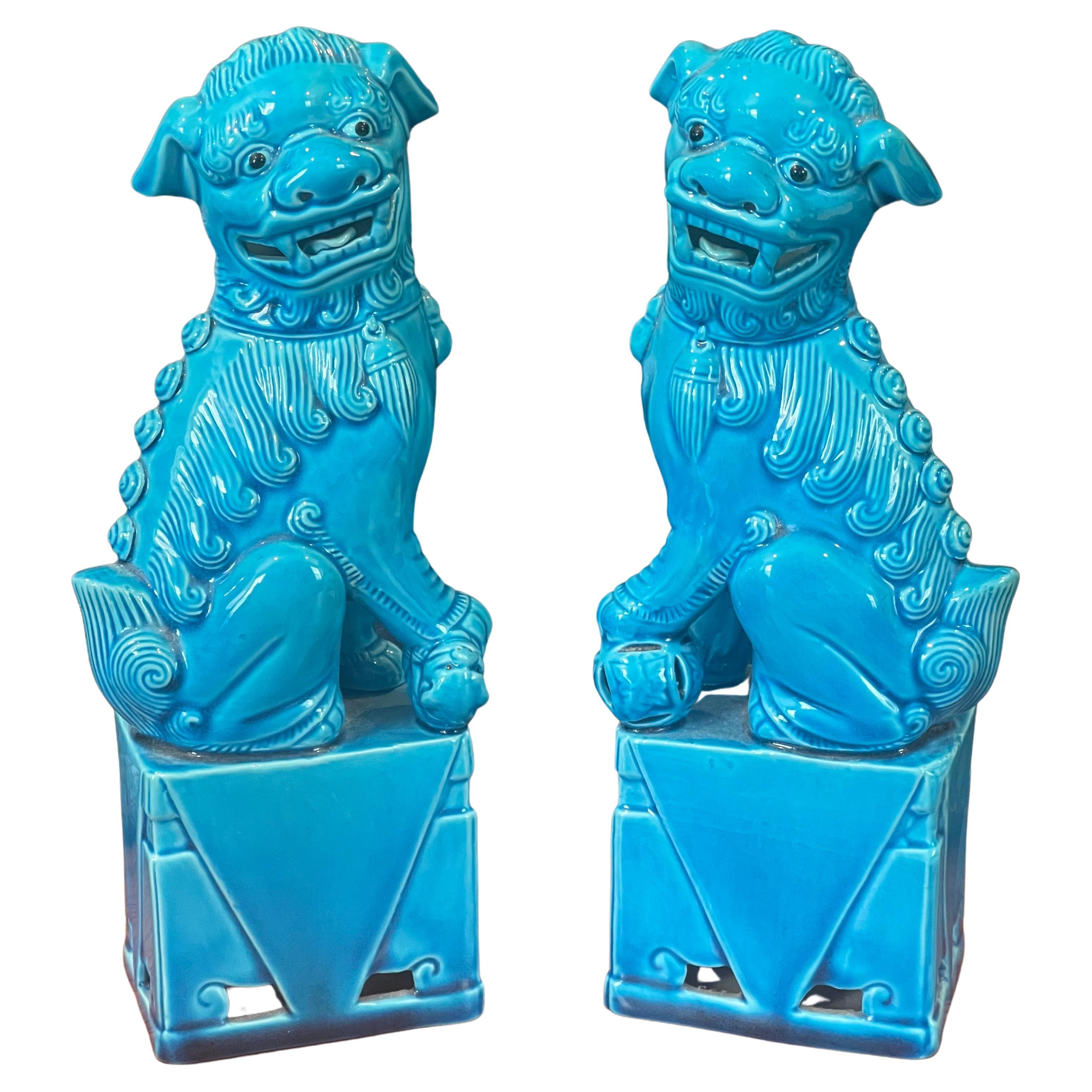 Pair of Decorative Chinese Turquoise Blue Medium Foo Dogs Sculptures ...
