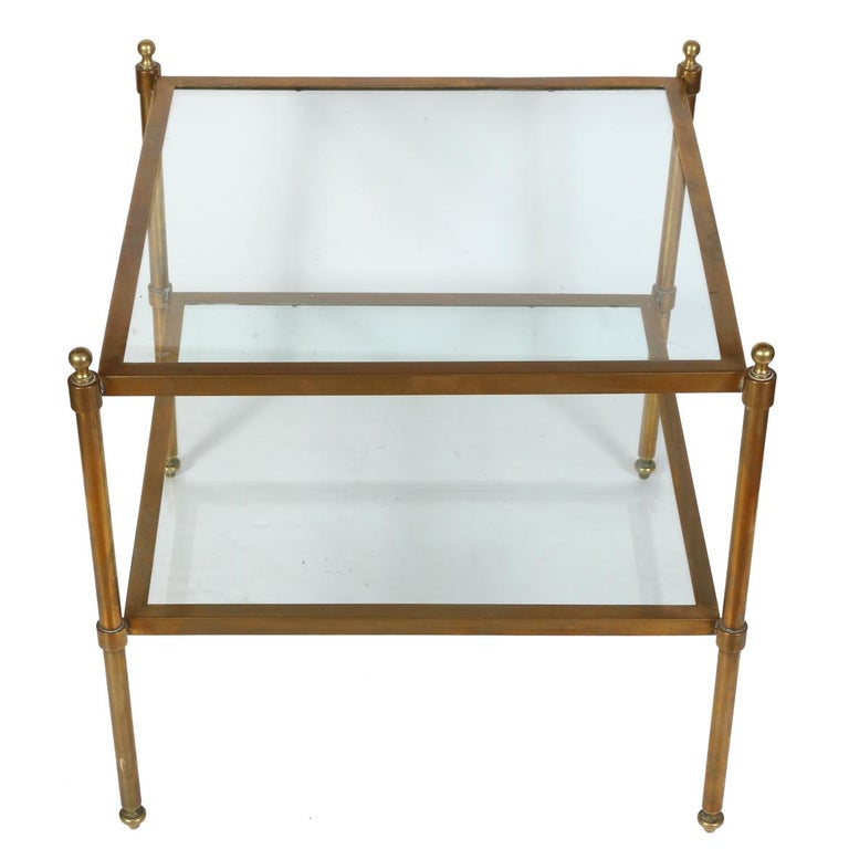 Pair of Mid Century Two Tier Brass and Glass Square Side Tables For Sale at 1stDibs