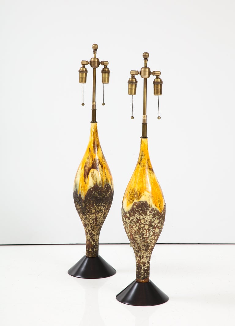 Pair of Mid Century Volcanic Glazed Ceramic Lamps For Sale at 1stDibs