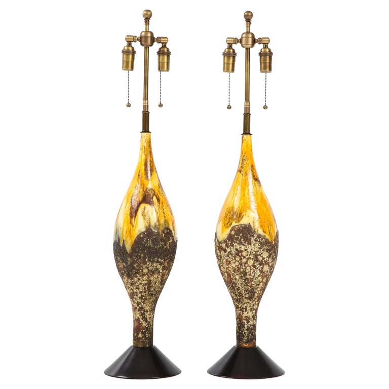 Pair of Mid Century Volcanic Glazed Ceramic Lamps For Sale at 1stDibs