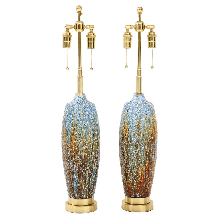 Pair of Midcentury Volcanic Glazed Ceramic Lamps For Sale at 1stDibs