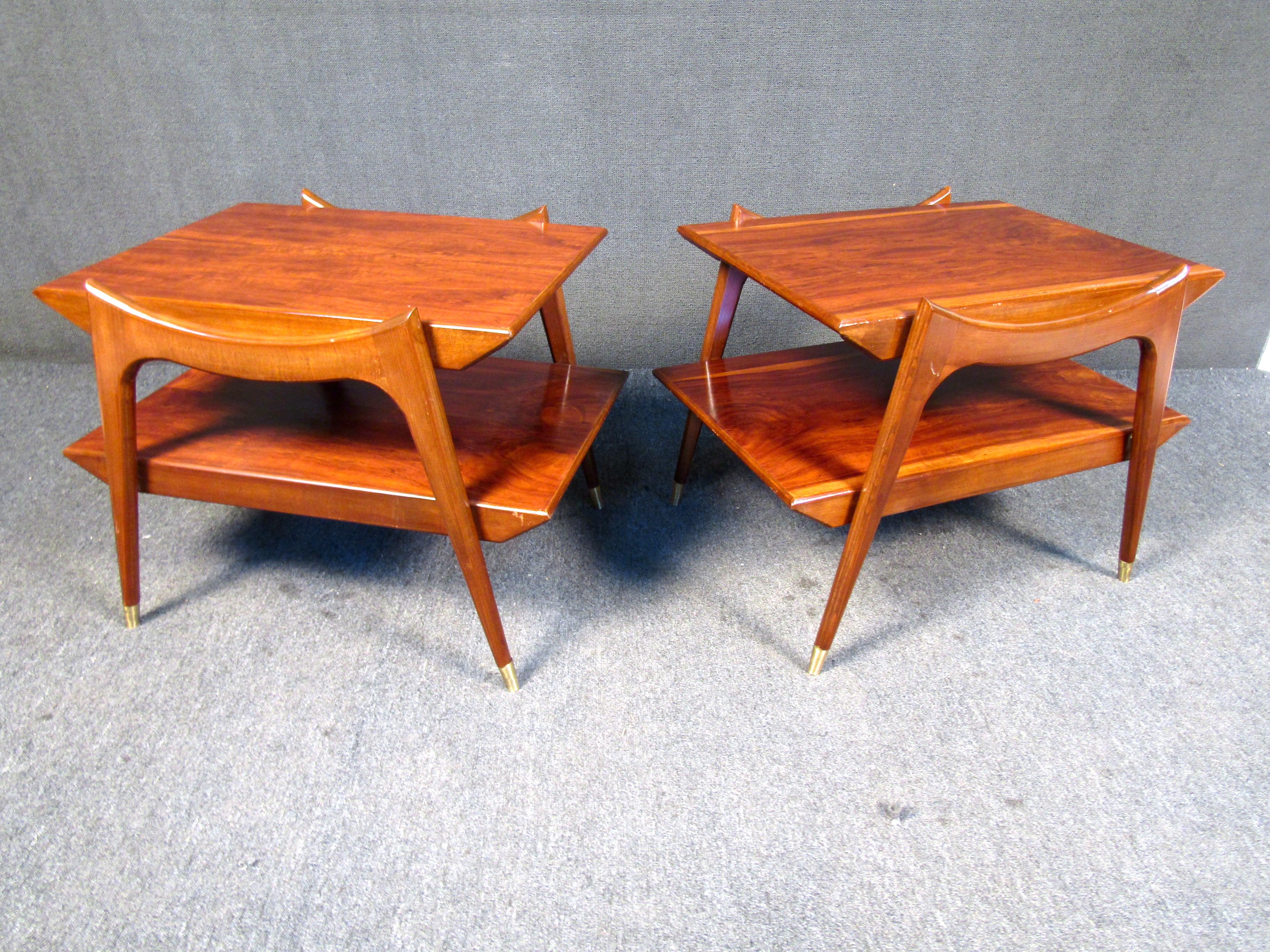Pair of Mid-Century Walnut Two Tier End Tables at 1stDibs