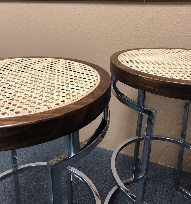 Pair of Mid Century Wood, Chrome and Cane Counter / Bar Stools at 1stDibs